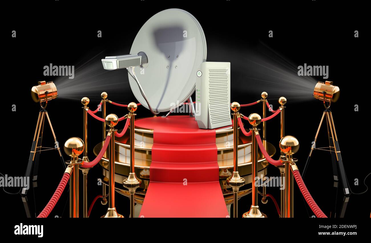 Podium with communication satellite dish with satellite modem, 3D ...