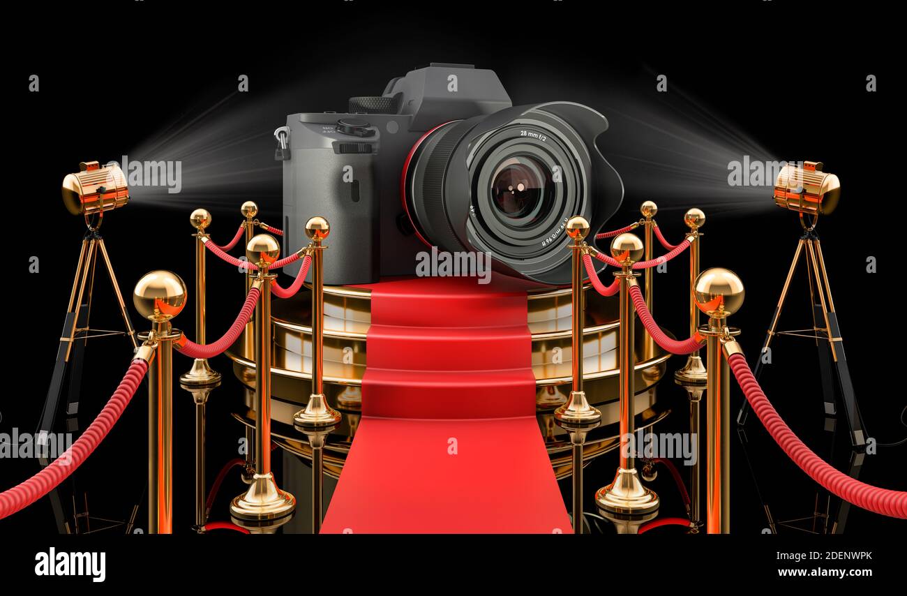 Podium with digital camera, 3D rendering isolated on black background ...