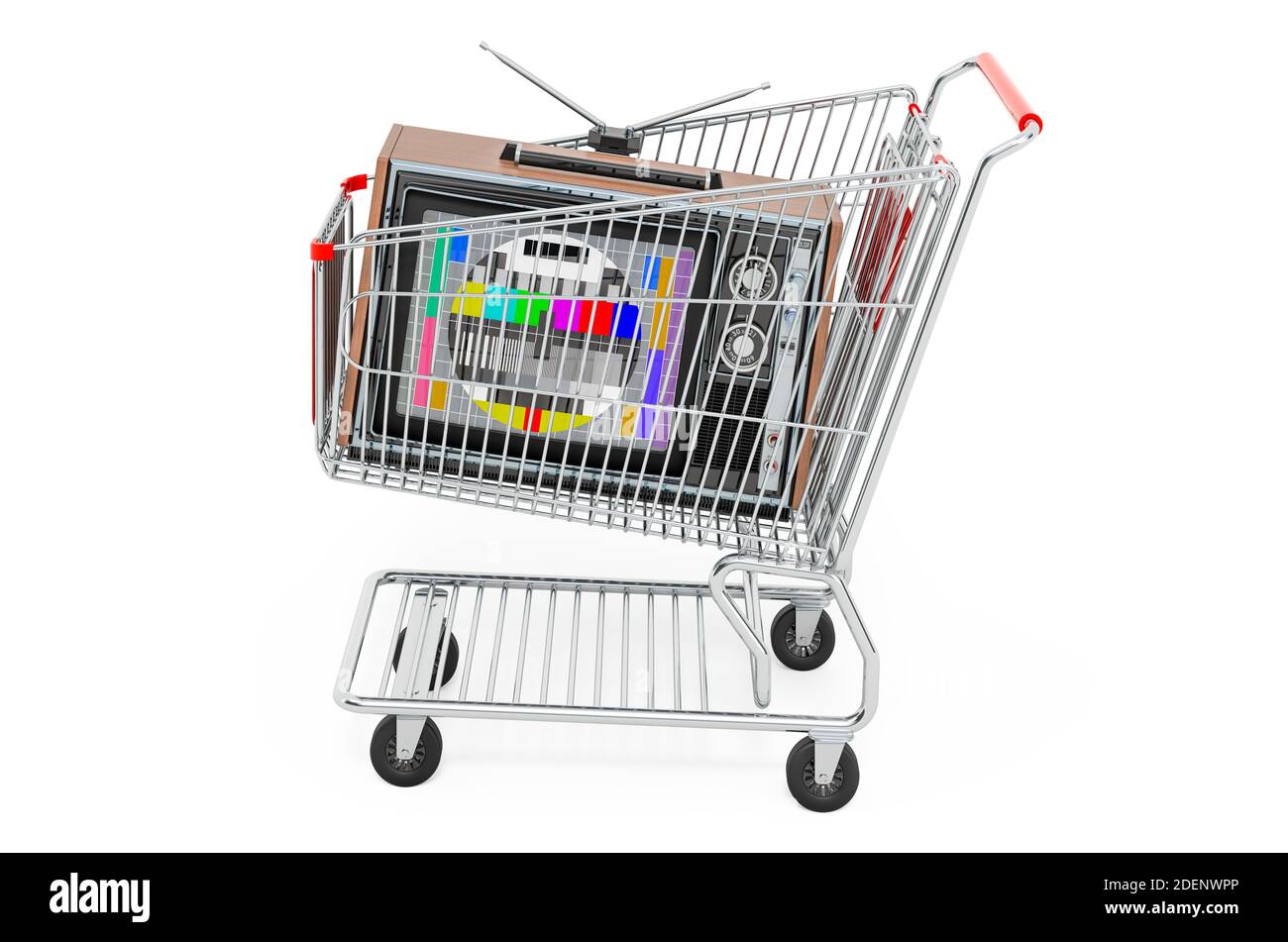 TV set inside shopping cart, 3D rendering isolated on white background ...