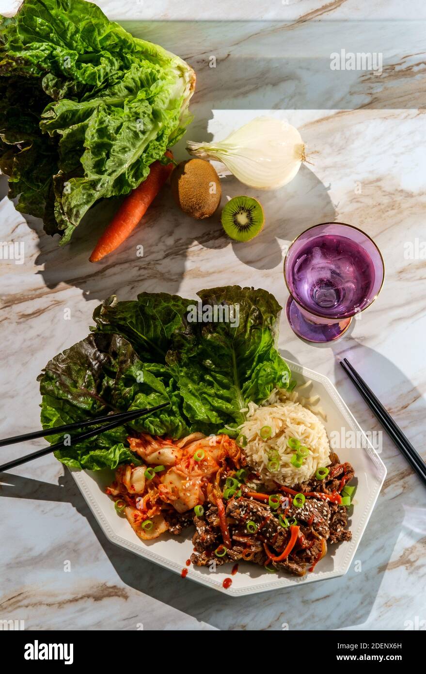 Korean beef bulgogi ssambap lettuce wraps with spicy kimchi and ...