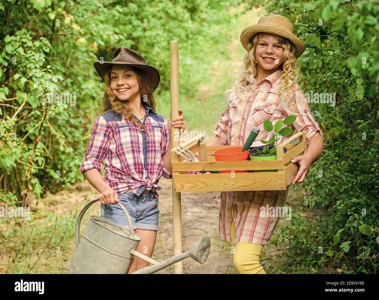 Gardening basics. Kids girls with tools for gardening. Gardens great ...