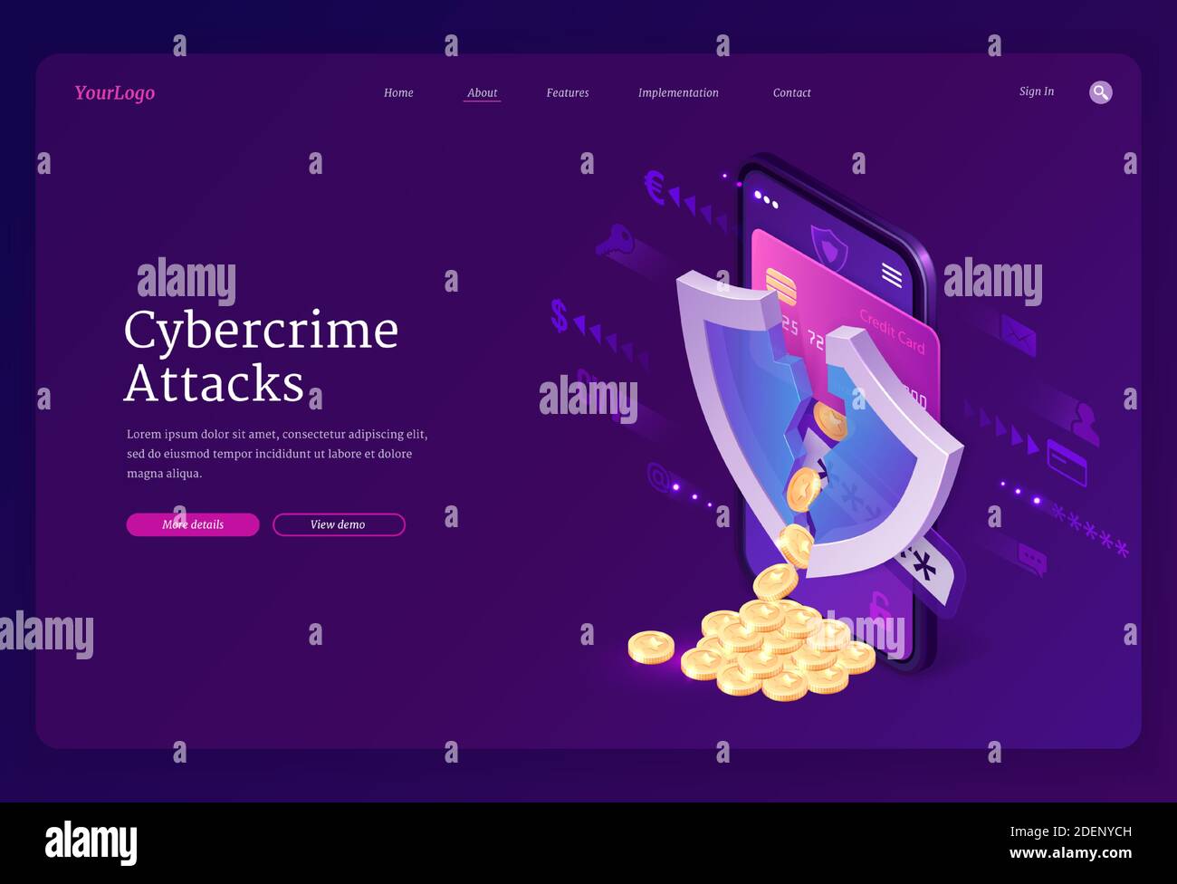 Cybercrime attack isometric landing page. Smartphone screen with ...