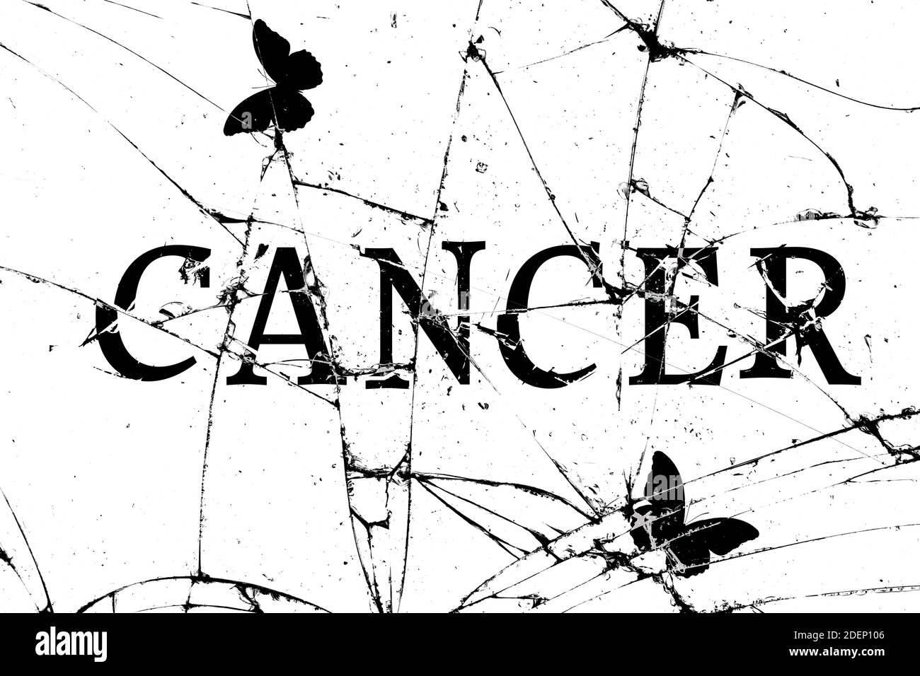 broken glass with cracks with the inscription cancer Stock Photo - Alamy