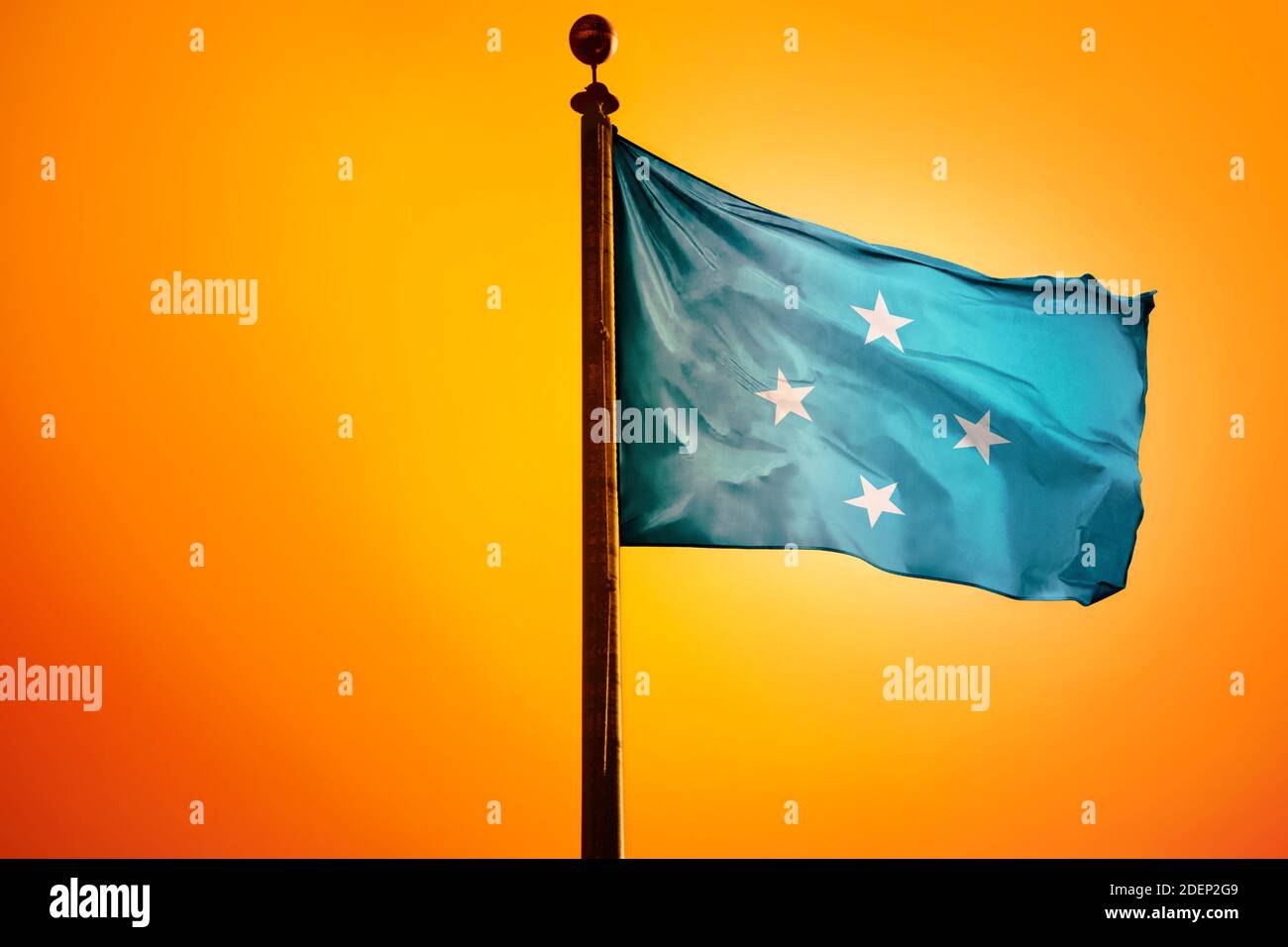 Micronesia Flag, Flag waving with Sunrise Stock Photo - Alamy
