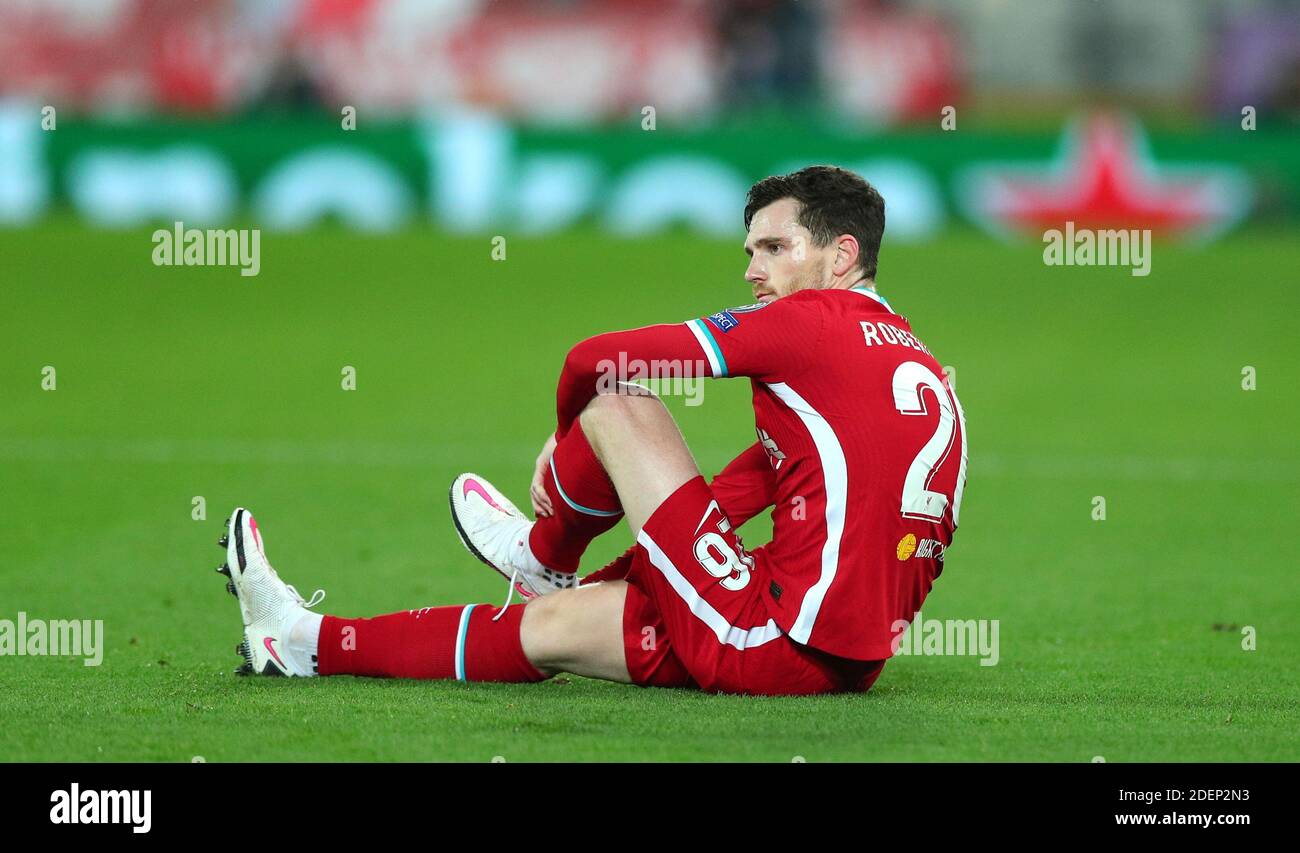 Liverpool's Andrew Robertson reacts on the floor during the UEFA ...