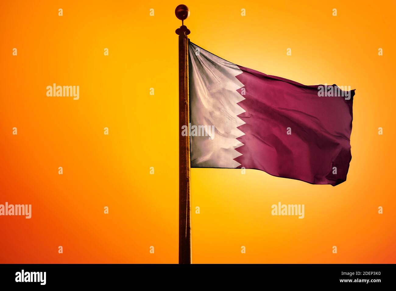 Quatar Flag, Flag waving with Sunrise Stock Photo - Alamy