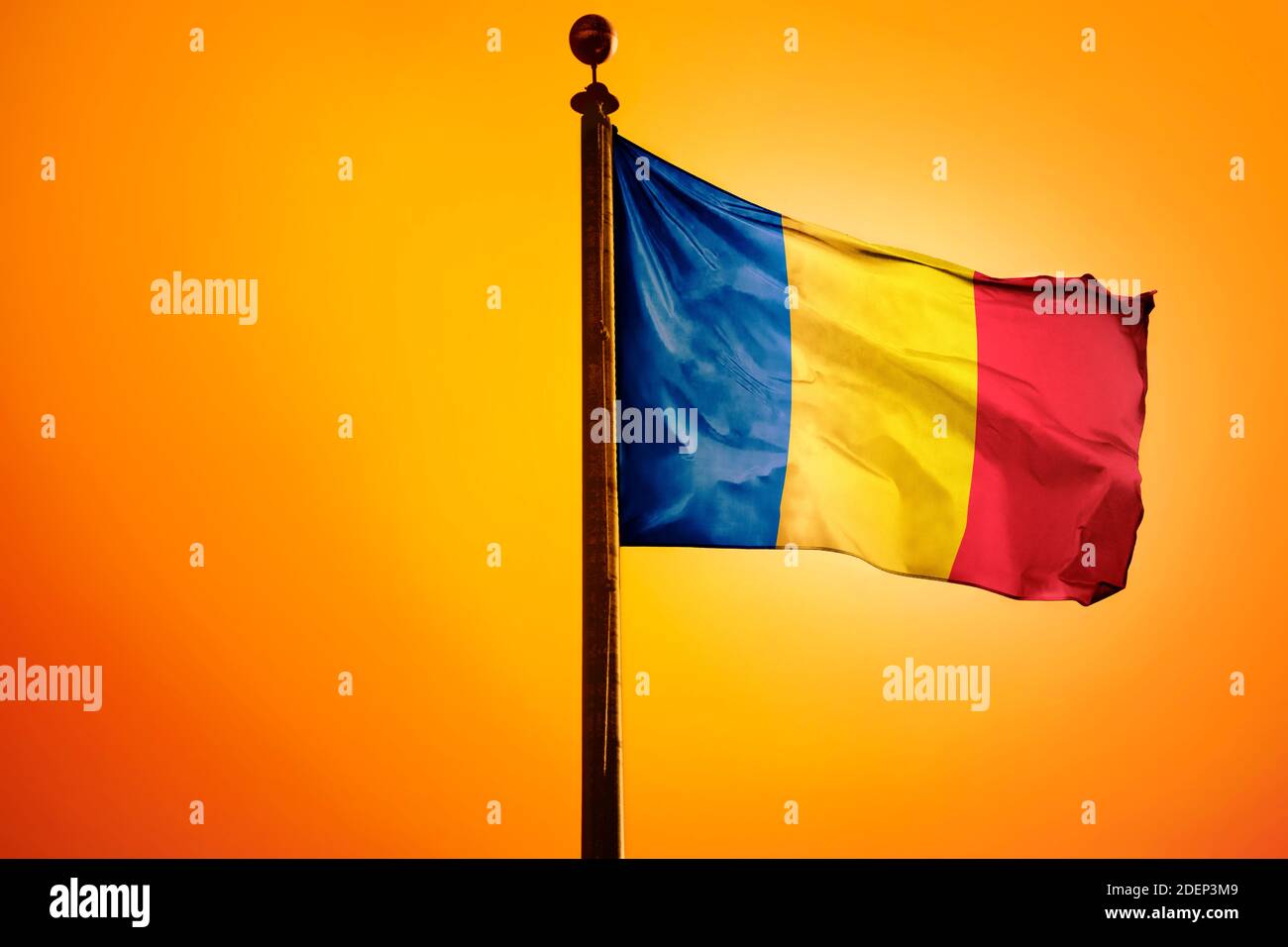 Romania Flag, Flag waving with Sunrise Stock Photo - Alamy