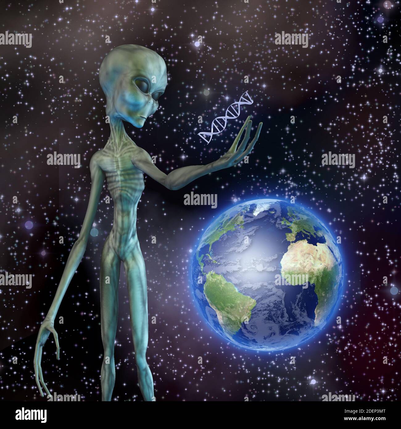 Alien looks at DNA strand. 3D rendering Stock Photo - Alamy