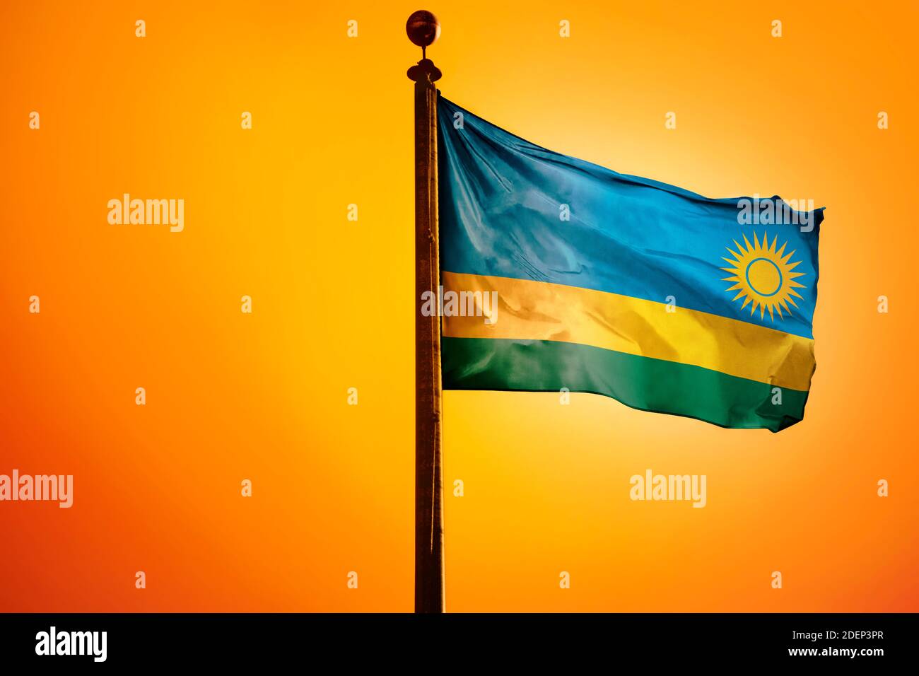 Rwanda Flag, Flag waving with Sunrise Stock Photo - Alamy