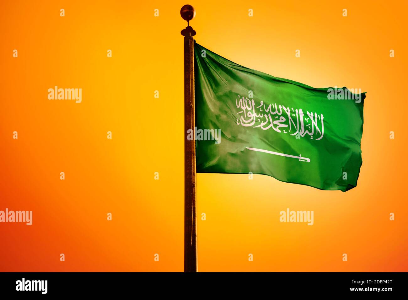 Saudi Arabia, Kingdom of Saudi Arabia Flag, Flag waving with Sunrise ...