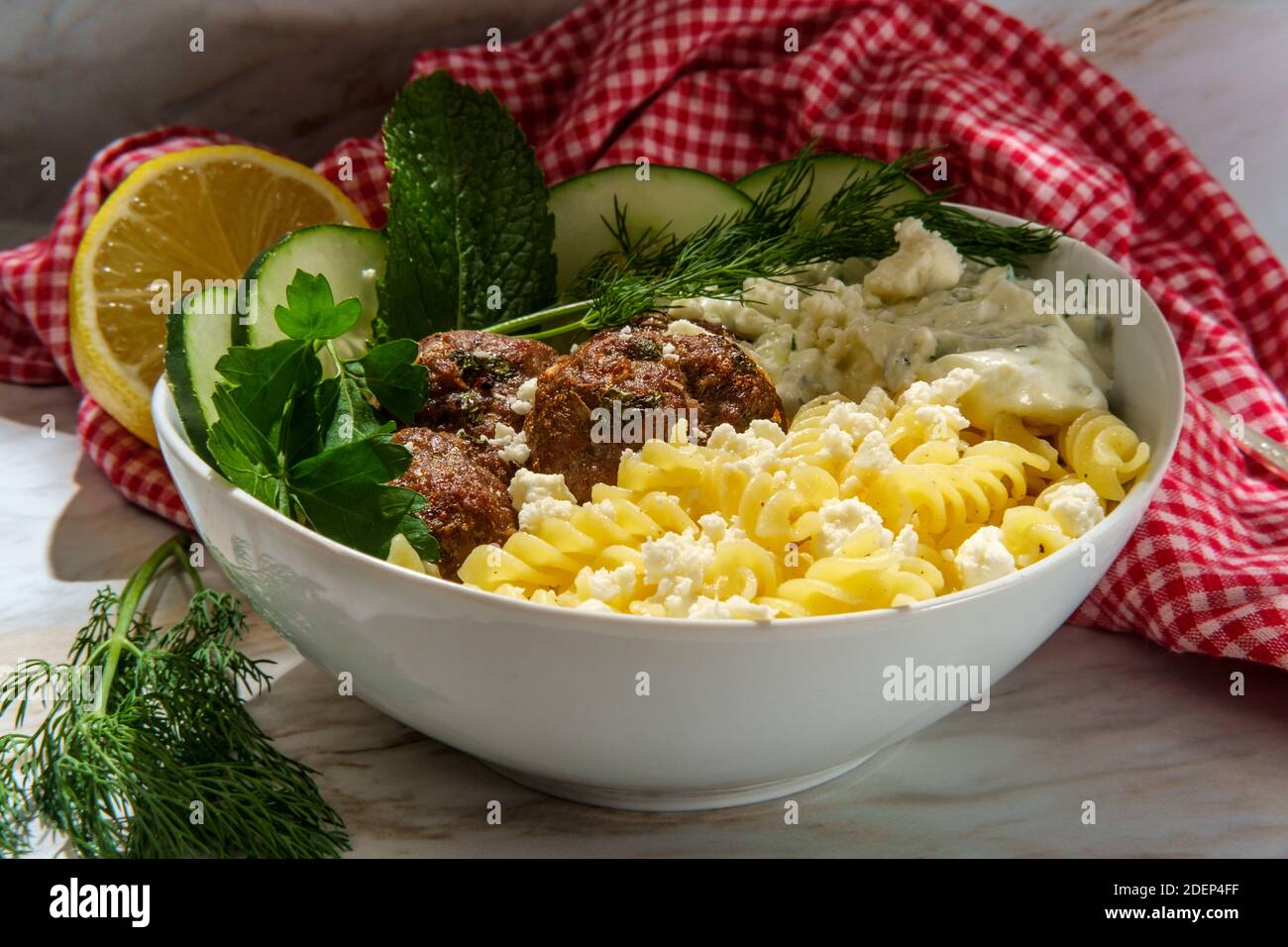 Greek lamb keftedes meatballs with tzatziki yogurt sauce served with ...