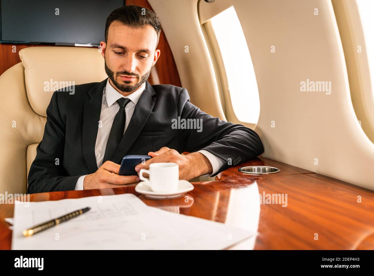 Handsome businessman wearing elegant suit flying on exclusive private ...