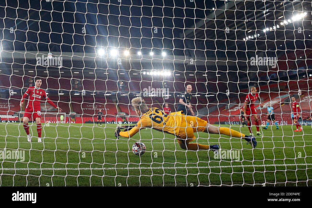 Liverpool goalkeeper Caoimhin Kelleher makes a save during the UEFA ...