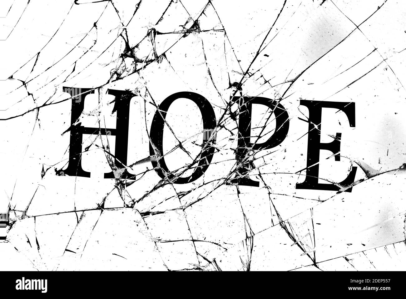 broken glass with cracks with the inscription hope Stock Photo - Alamy