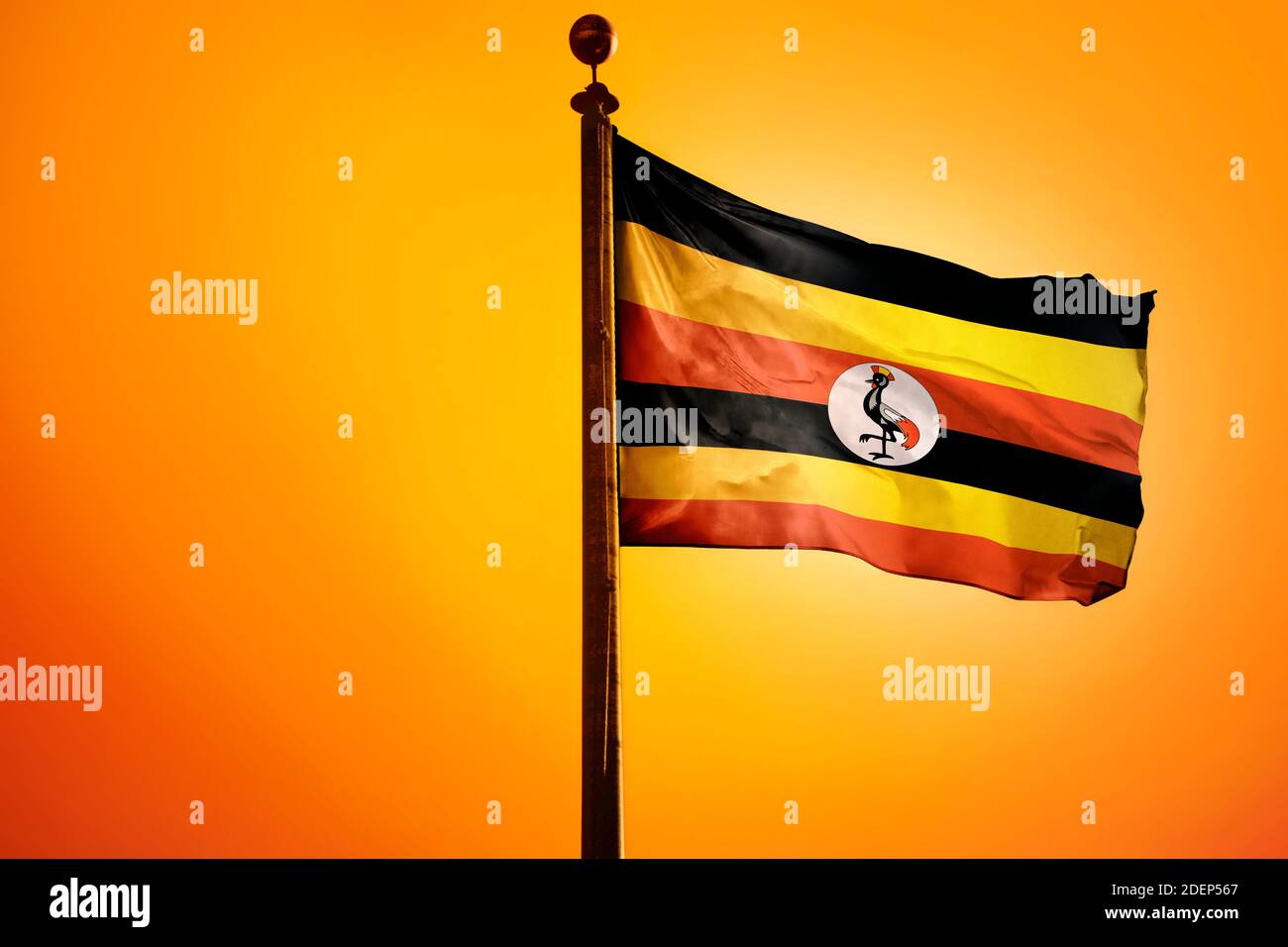 Uganda, Republic of Uganda Flag, Flag waving with Sunrise Stock Photo ...