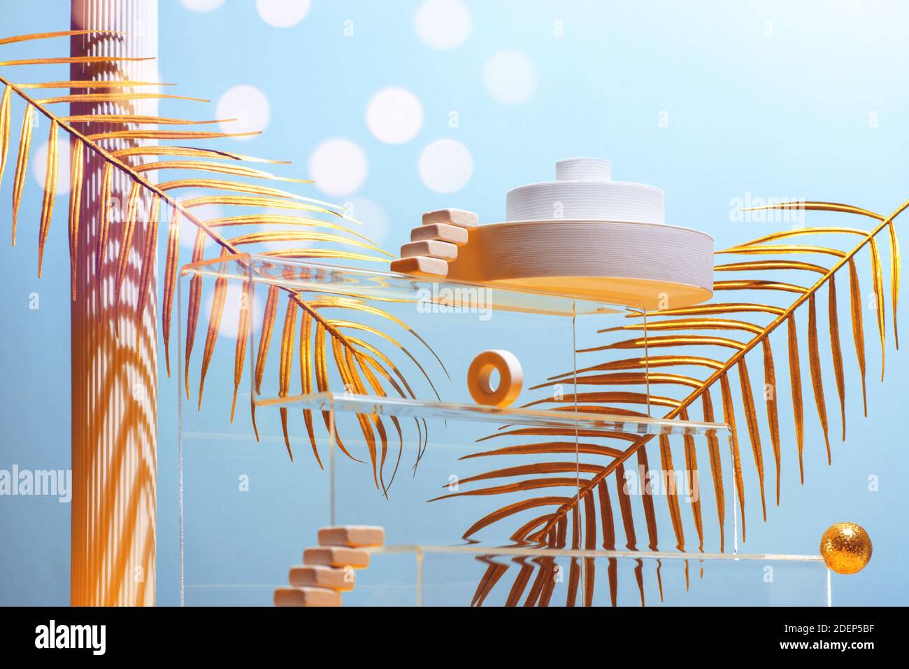 Monumental composition with catwalks, stairs, palm leaves and geometric ...