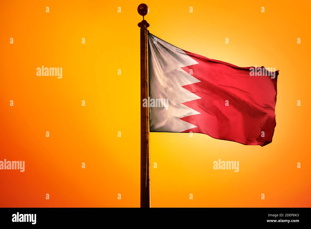 Bahrain, Kingdom of Bahrain Flag, Flag waving with Sunrise Stock Photo ...