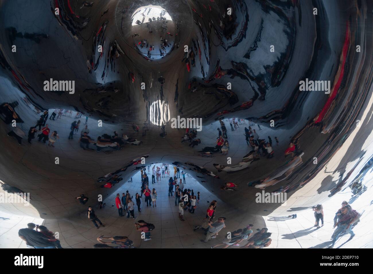 Reflection under the Cloud Gate or The Bean sculpture in Chicago Stock ...