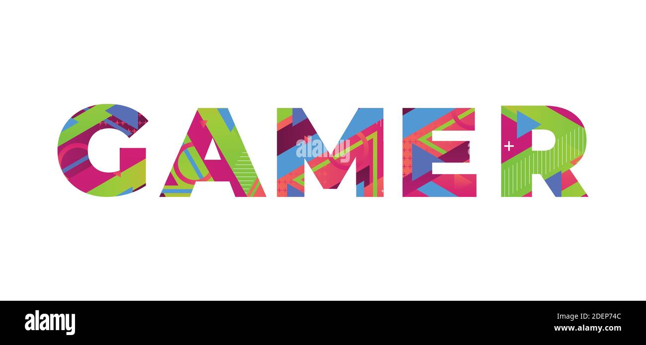 The word GAMER concept written in colorful retro shapes and colors ...