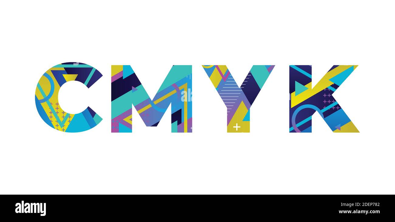 The word CMYK concept written in colorful retro shapes and colors ...