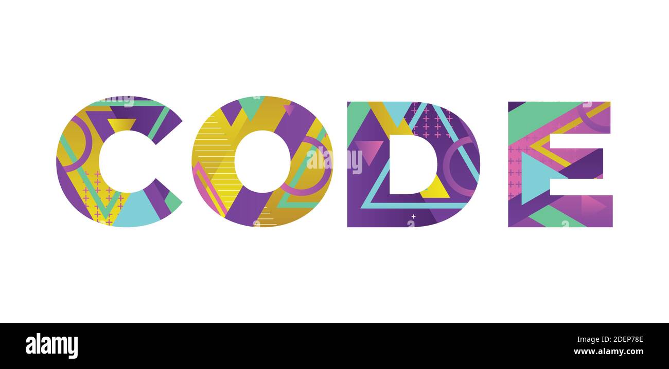 The word CODE concept written in colorful retro shapes and colors ...