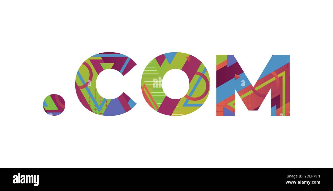 The words DOT COM concept written in colorful retro shapes and colors ...