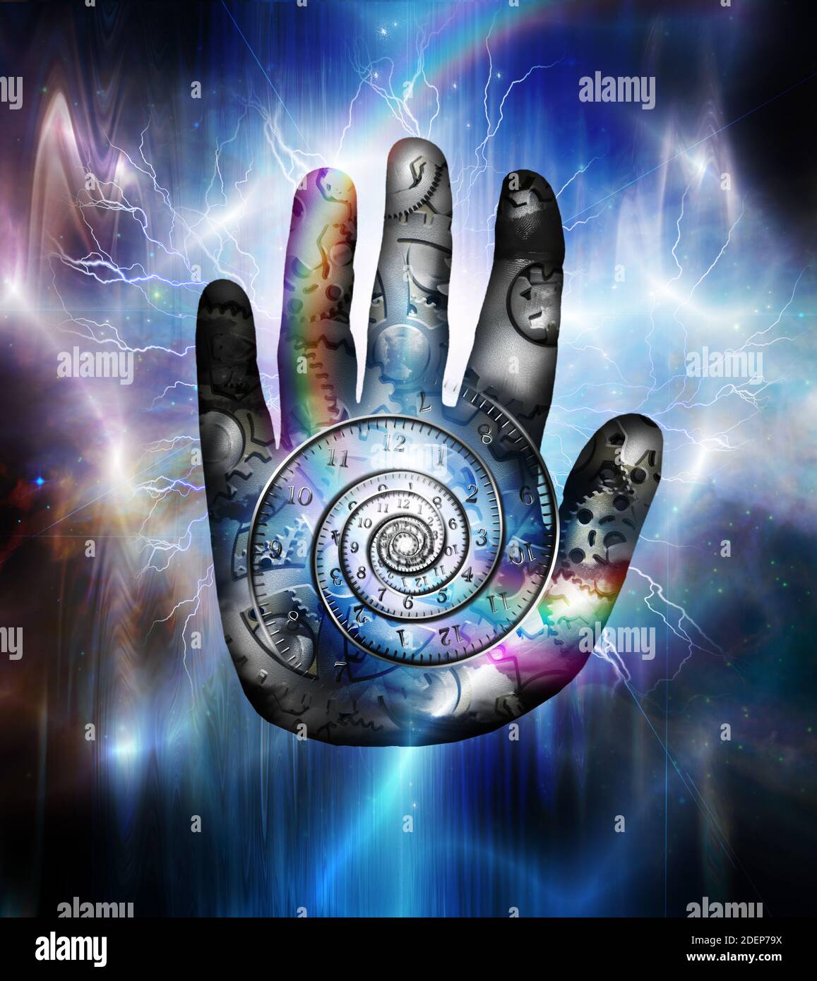 Machine God. Human palm and cog wheels. 3D rendering Stock Photo - Alamy