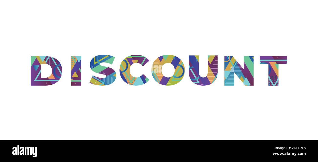 The word DISCOUNT concept written in colorful retro shapes and colors ...