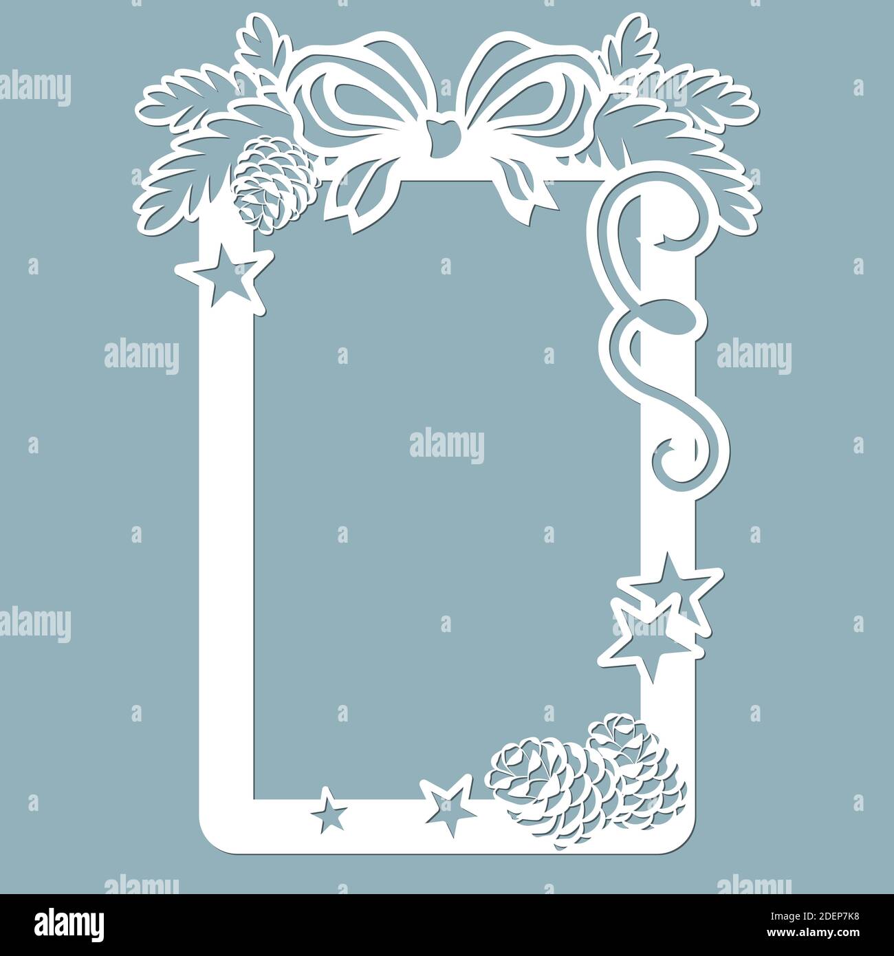 Photo frame with a bow, fir branches, cones, stars and streamers. Laser ...