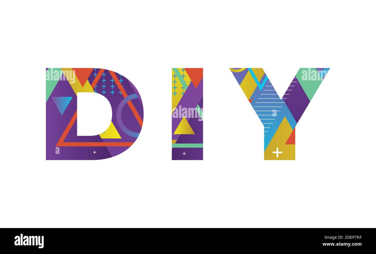 The word DIY concept written in colorful retro shapes and colors ...