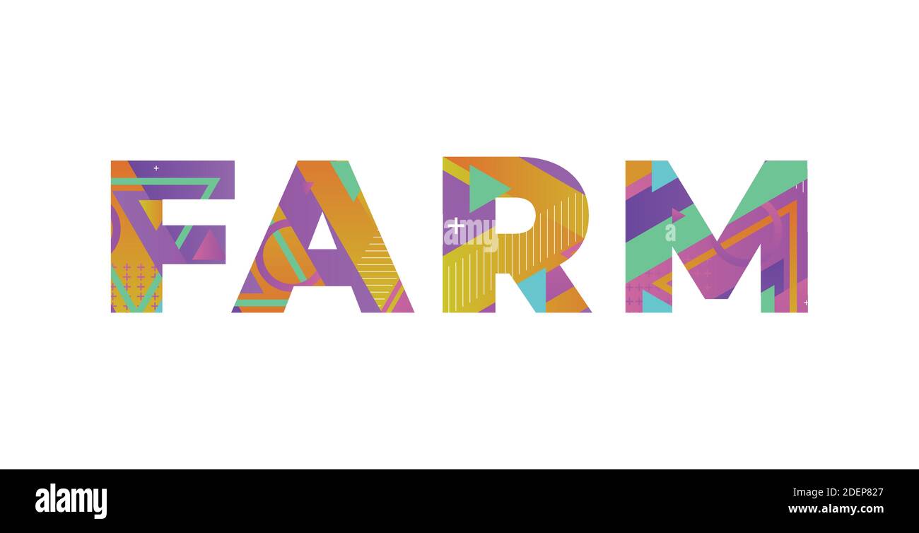 The word FARM concept written in colorful retro shapes and colors ...