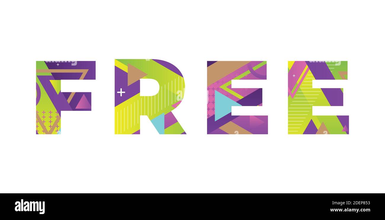The word FREE concept written in colorful retro shapes and colors ...