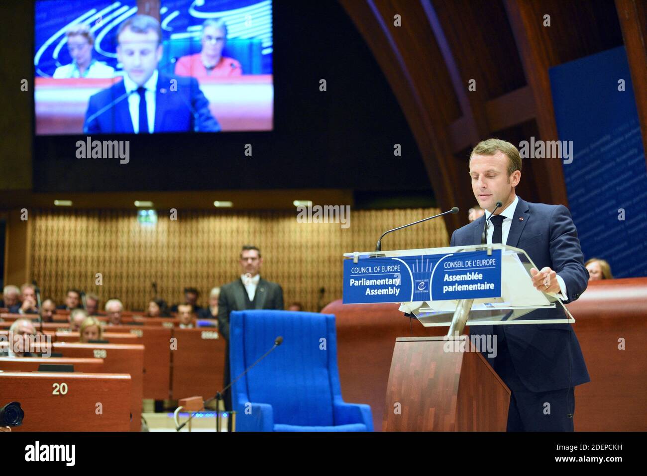 French President Emmanuel Macron delivers his speech at the Council of ...