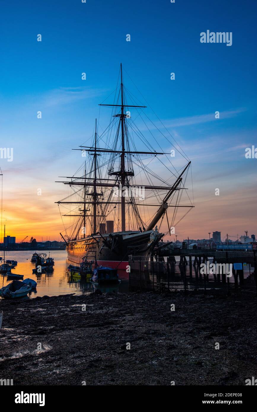 The preserved 19th Century warship HMS Warrior in Portsmouth Harbour ...