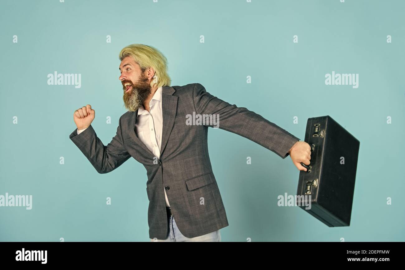 Happy worker. Carefree thief. Business man formal suit carries ...