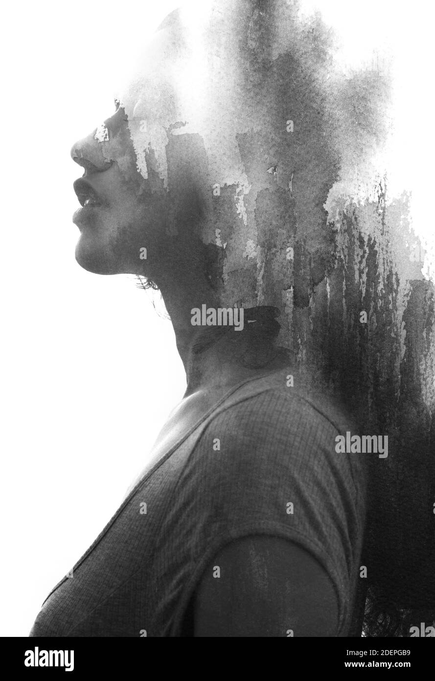 A monocrome paintography portrait of a young woman porfile with her ...