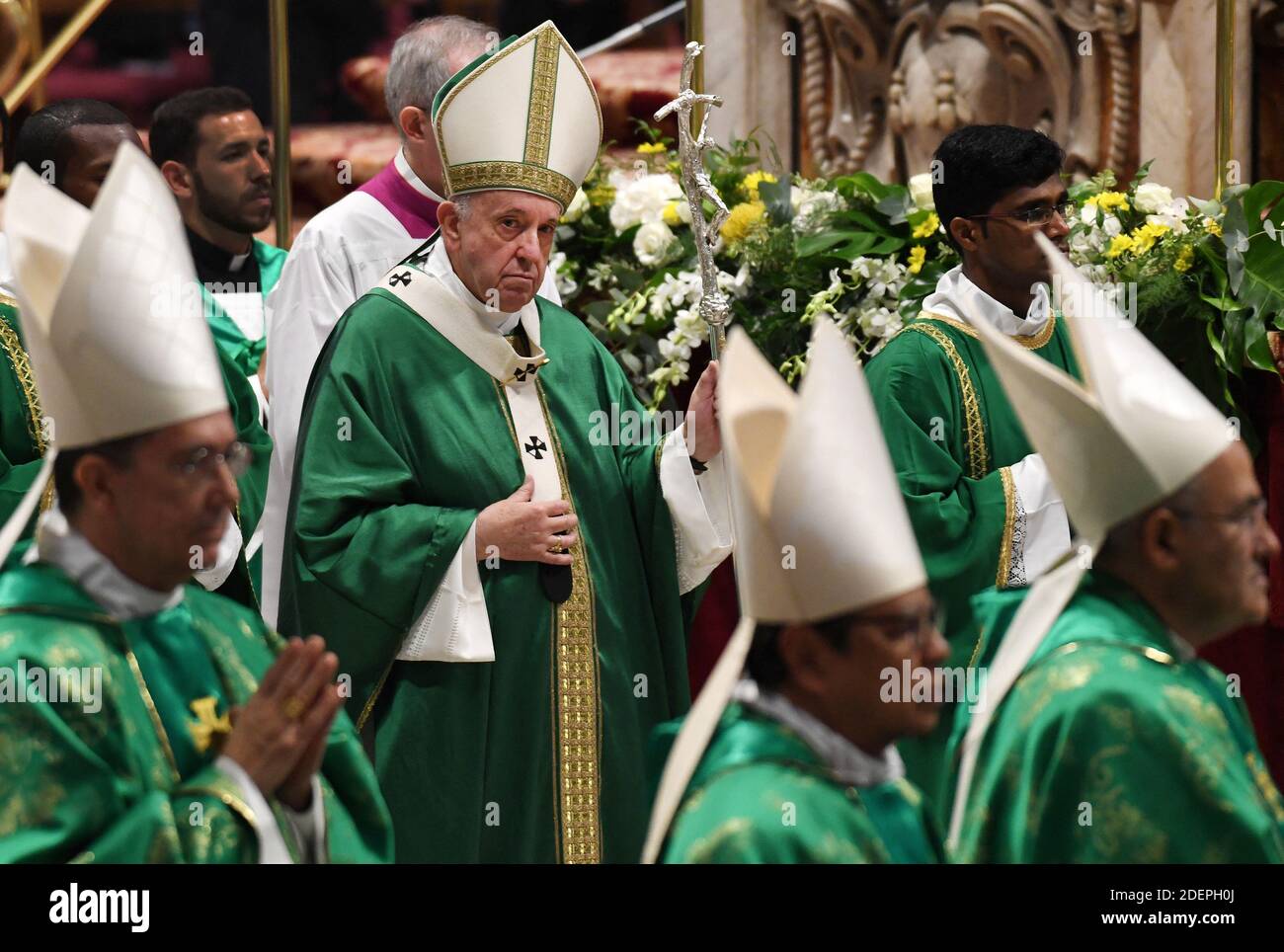 Pope Francis celebrates a mass for the opening of the Special Assembly ...