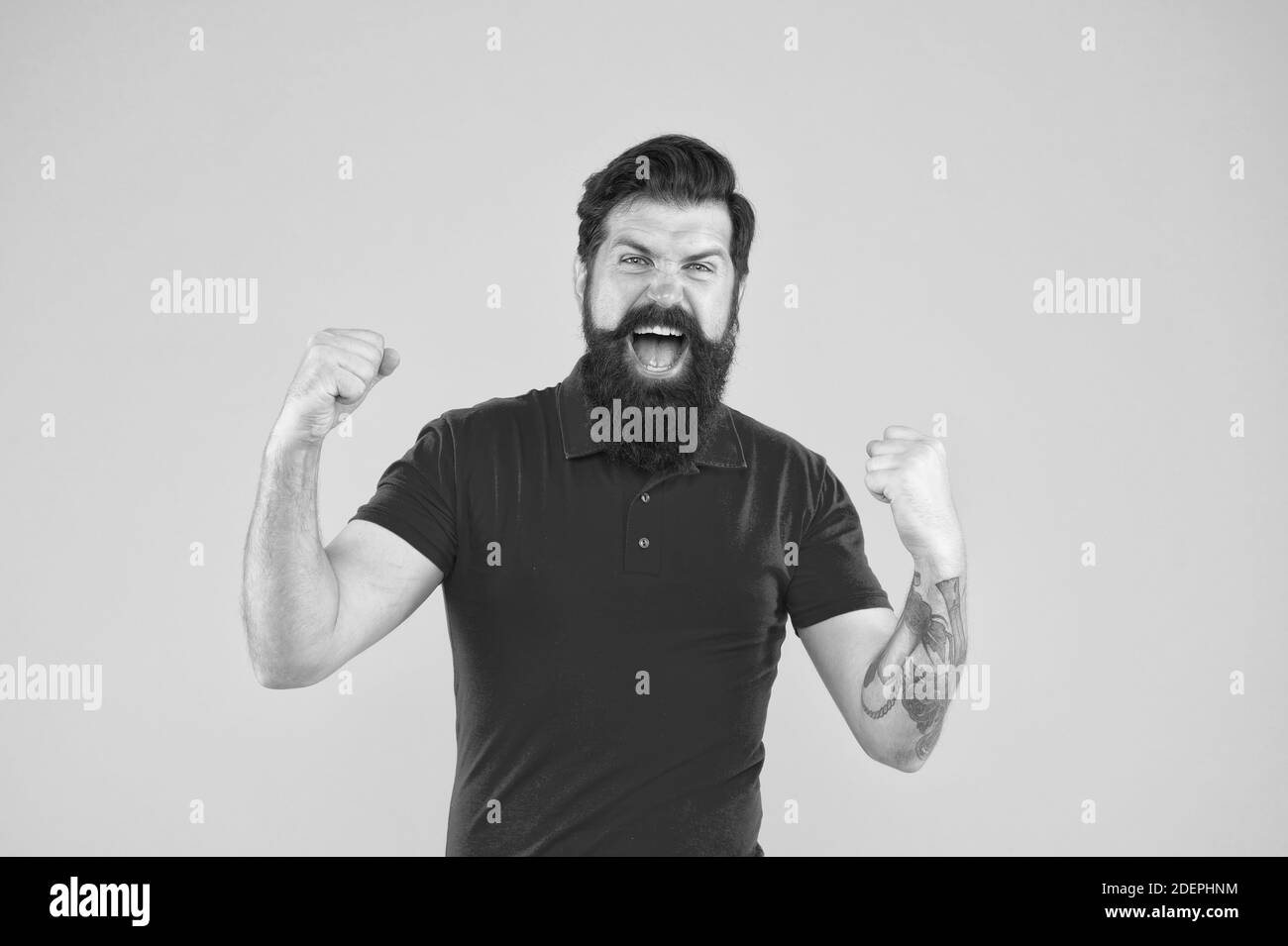 Inner energy. Motivated for success. Happy man show success gesture ...