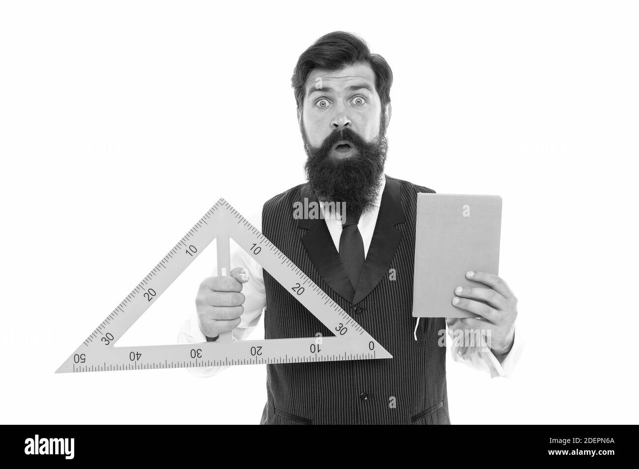 Wow. Surprised engineer isolated on white. Engineer hold triangle and ...