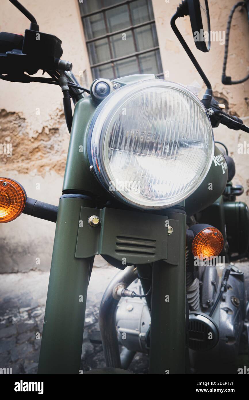 Retro military motorcycle vehicle old fashioned front view light detail ...
