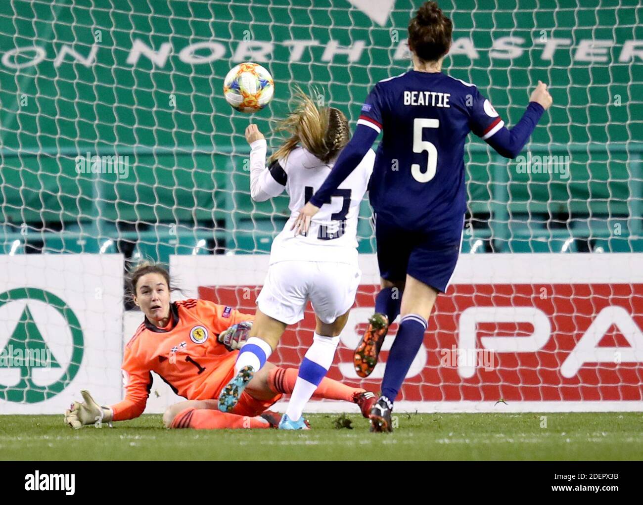 Finland's Amanda Rantanen (centre) scores her side's first goal of the ...