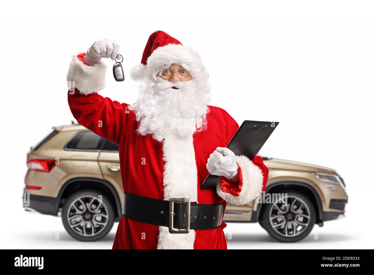 Cheerful Santa Claus holding keys from SUV isolated on white background ...