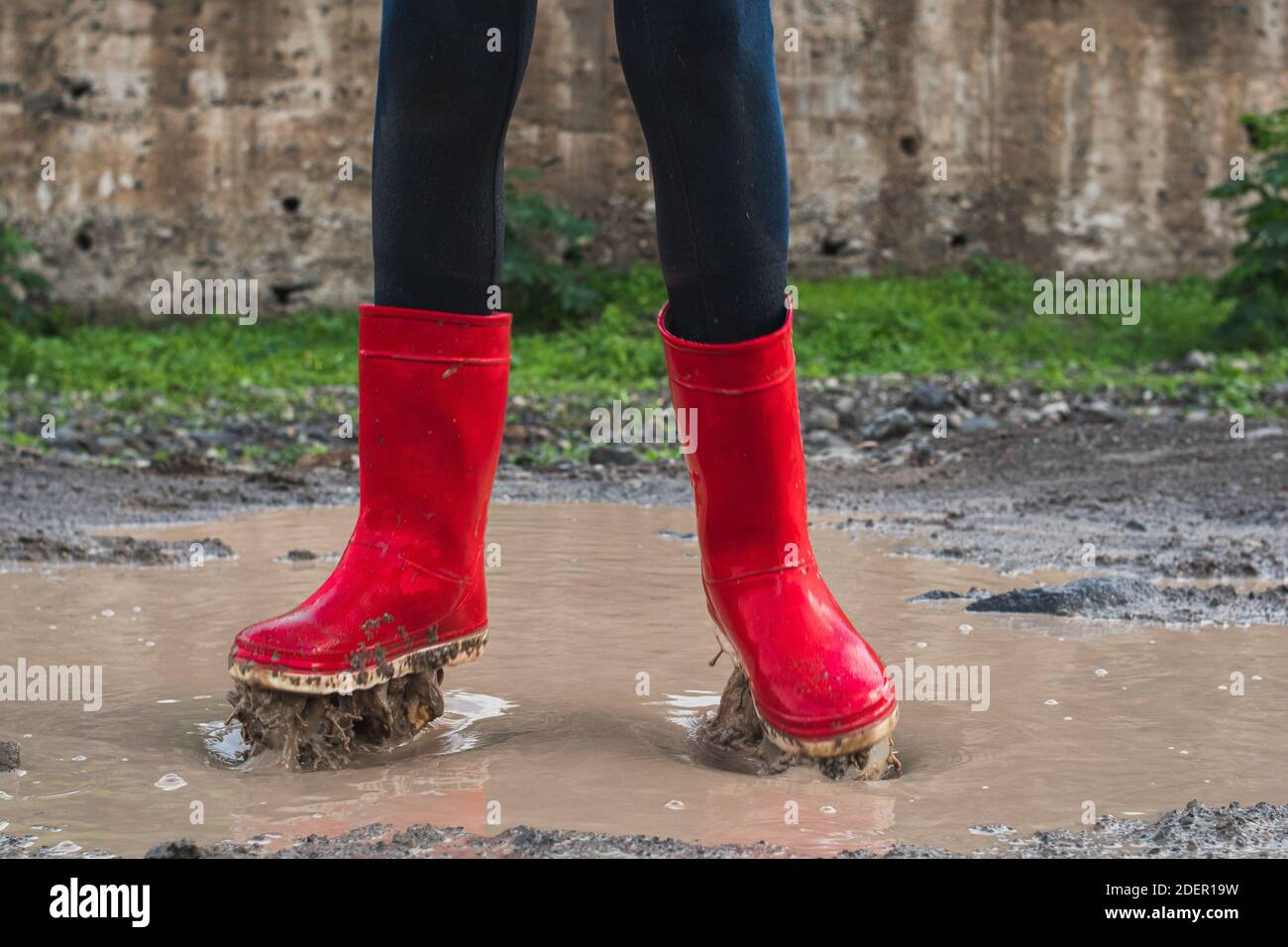 Legs of a girl jumping in a mud puddle, wearing red wellies, splashing ...
