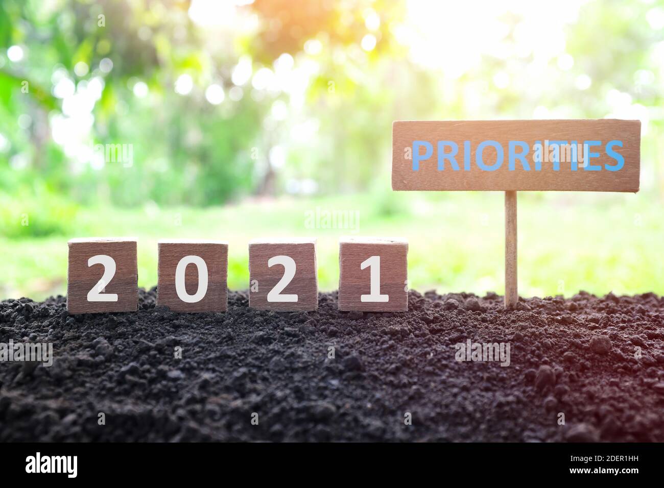 New year 2021 life goals, resolution and new priorities concept. Wooden ...