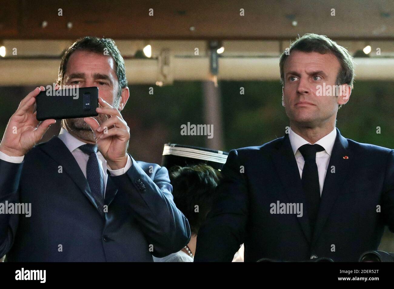 French Interior Minister Christophe Castaner and Emmanuel Macron during ...