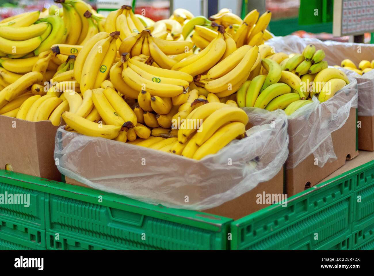 bananas in boxes sold in grocery store Stock Photo - Alamy