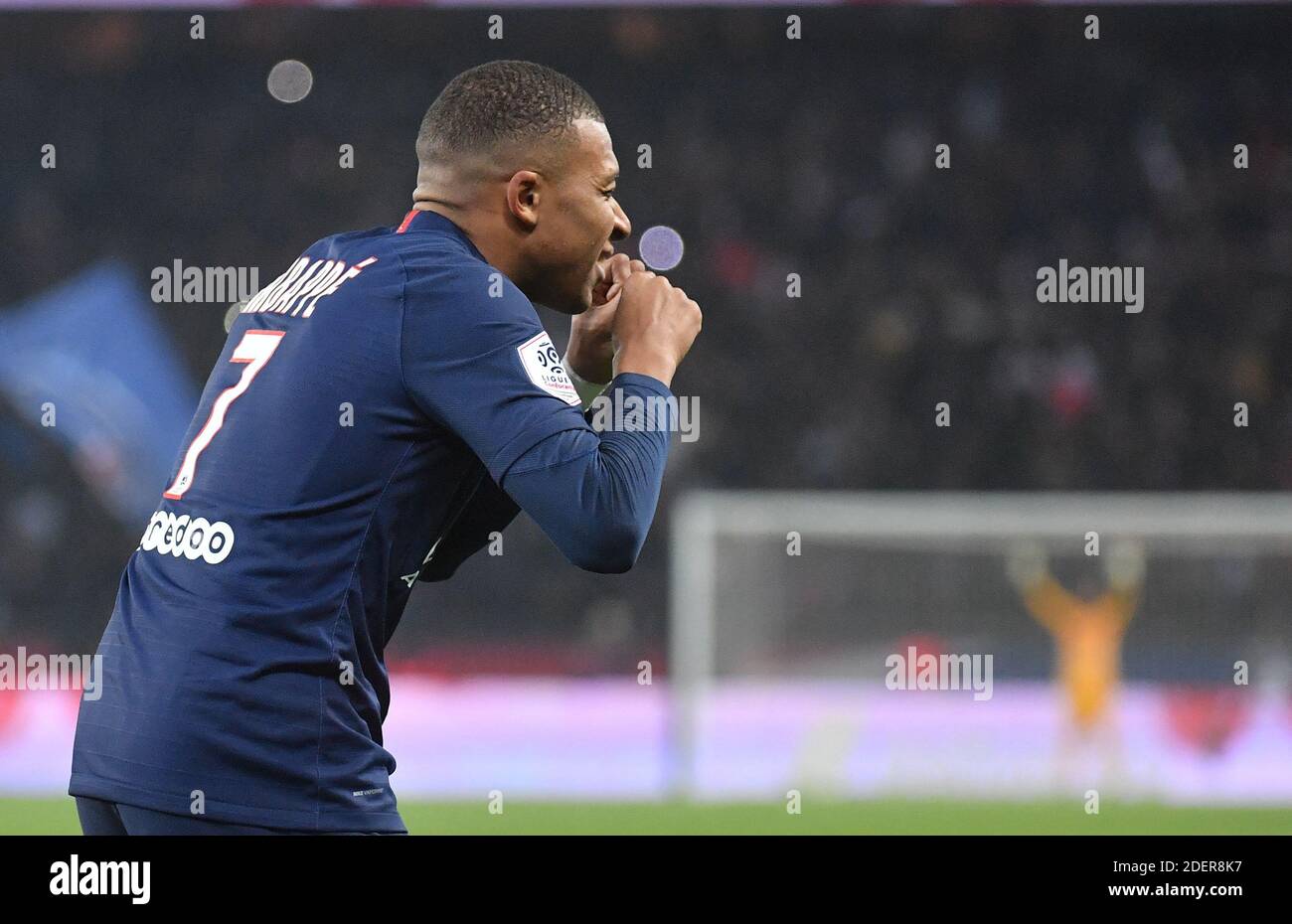 Paris Saint-Germain's Kylian Mbappé celebrates scoring during the Ligue ...
