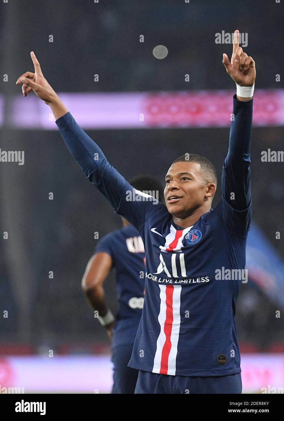 Paris Saint-Germain's Kylian Mbappé celebrates scoring during the Ligue ...