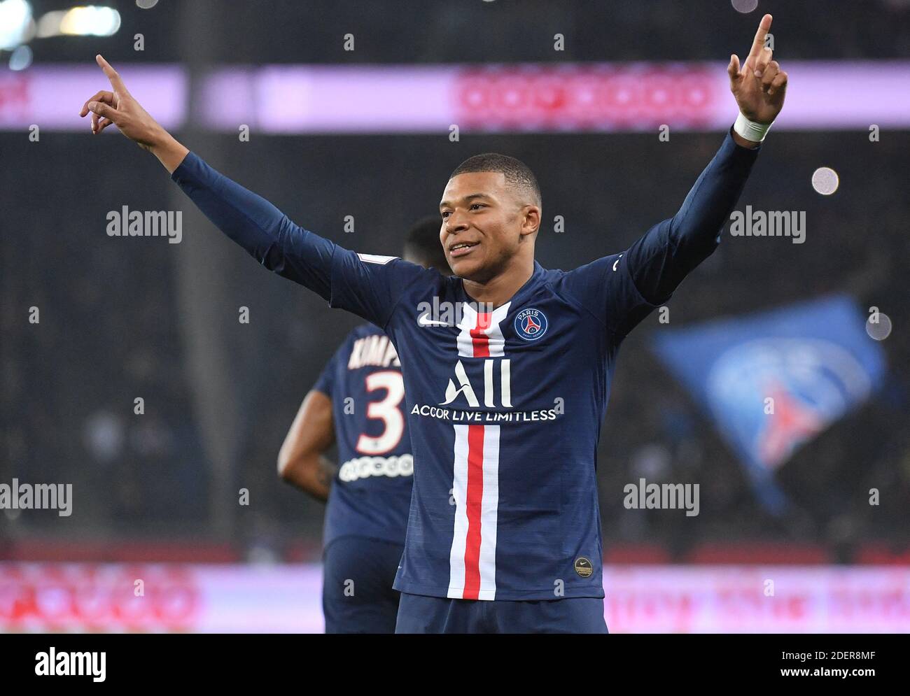 Paris Saint-Germain's Kylian Mbappé celebrates scoring during the Ligue ...
