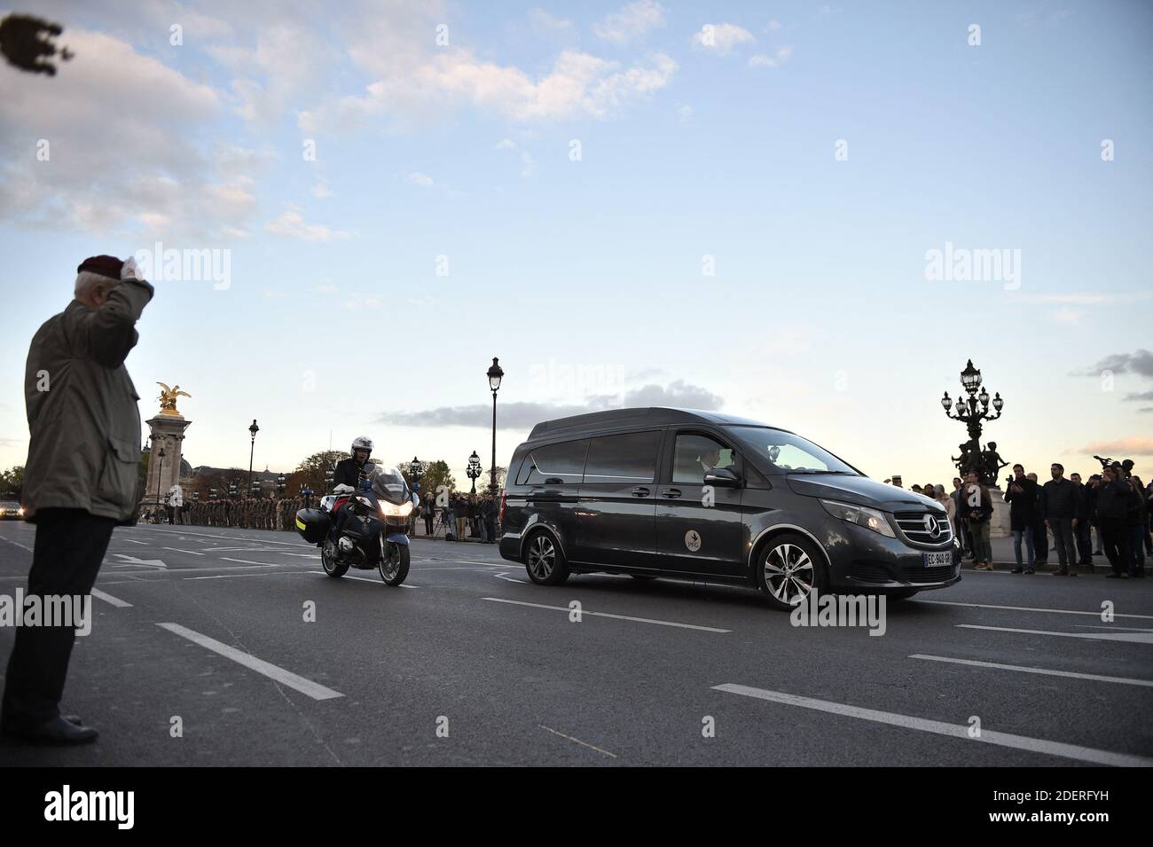 The hearse transporting the coffin of French Brigadier Ronan Pointeau ...